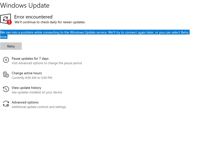 Error Encountered in Windows Update Error Encountered in Windows Update