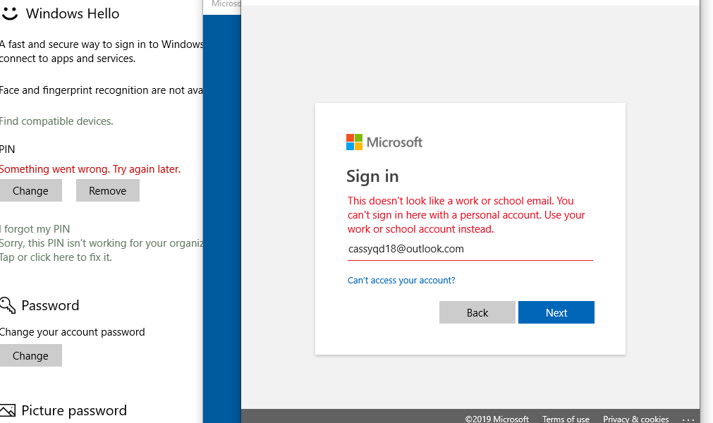 cannot use PIN option to sign into my computer, cannot use a personal ...