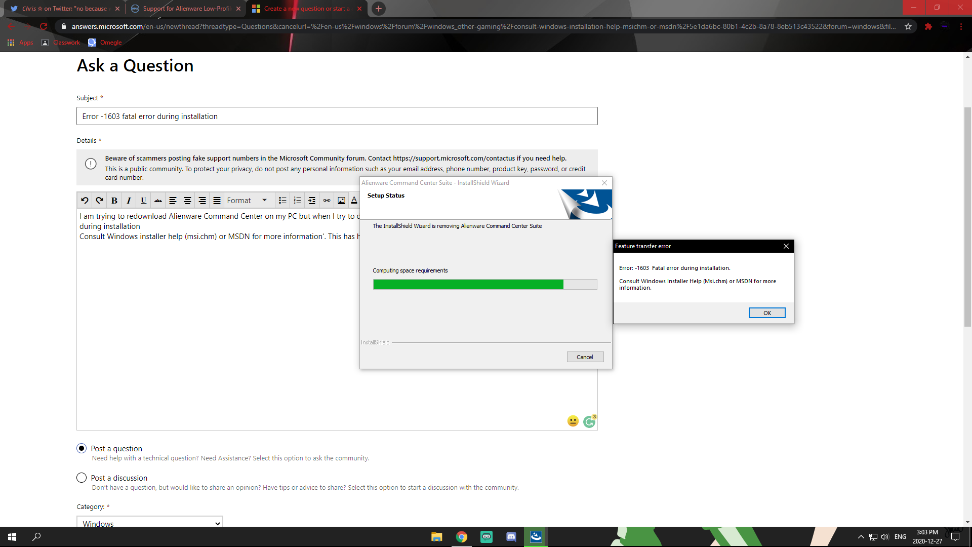 Error -1603 fatal error during installation Error -1603 fatal error during installation
